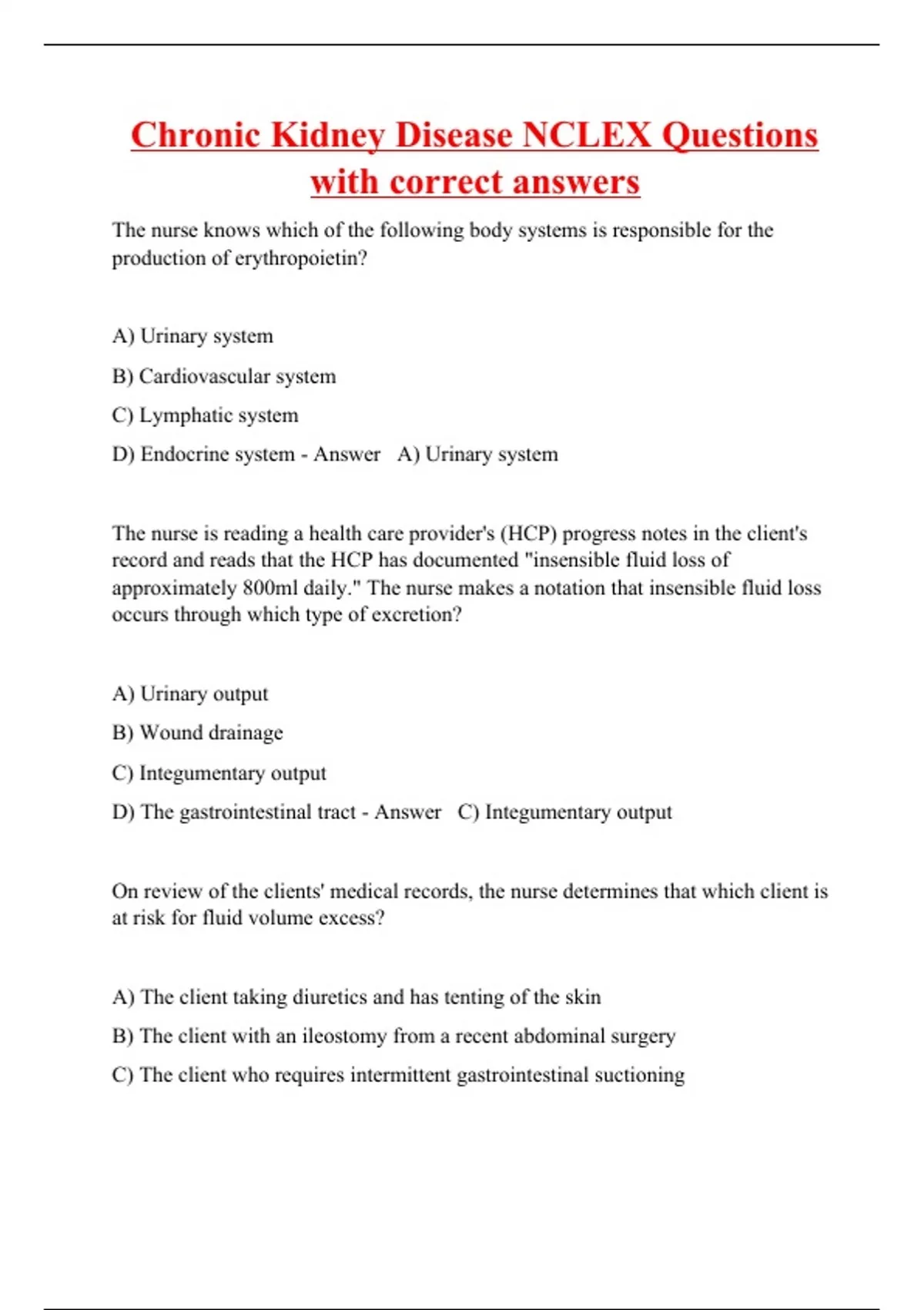 Chronic Kidney Disease NCLEX Questions with correct answers - Chronic ...