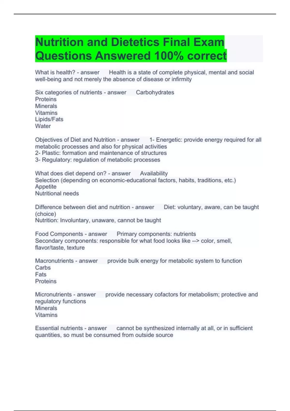Dietetics test compilation bundle - Stuvia US