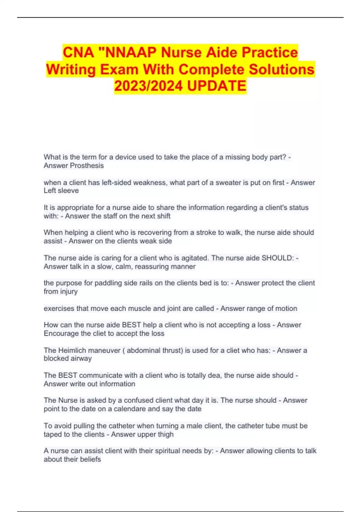 CNA NNAAP Nurse Aide Practice Writing Exam With Complete Solutions 2023/2024 UPDATE| combined ...