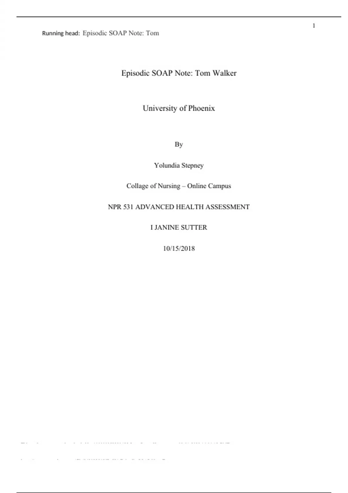 Episodic SOAP Note: Tom Walker|NRP 531,Latest 2022/2023 complete ...