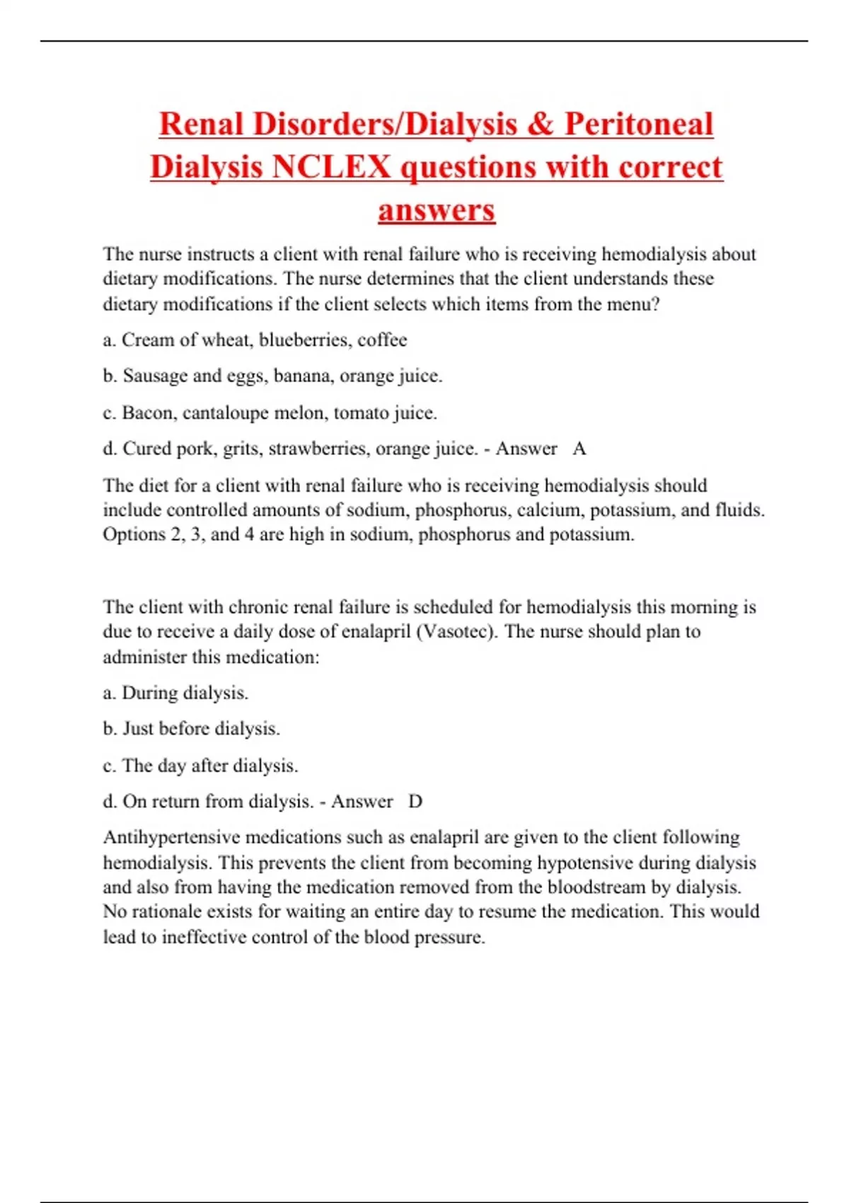 Renal Disorders/Dialysis & Peritoneal Dialysis NCLEX questions with ...