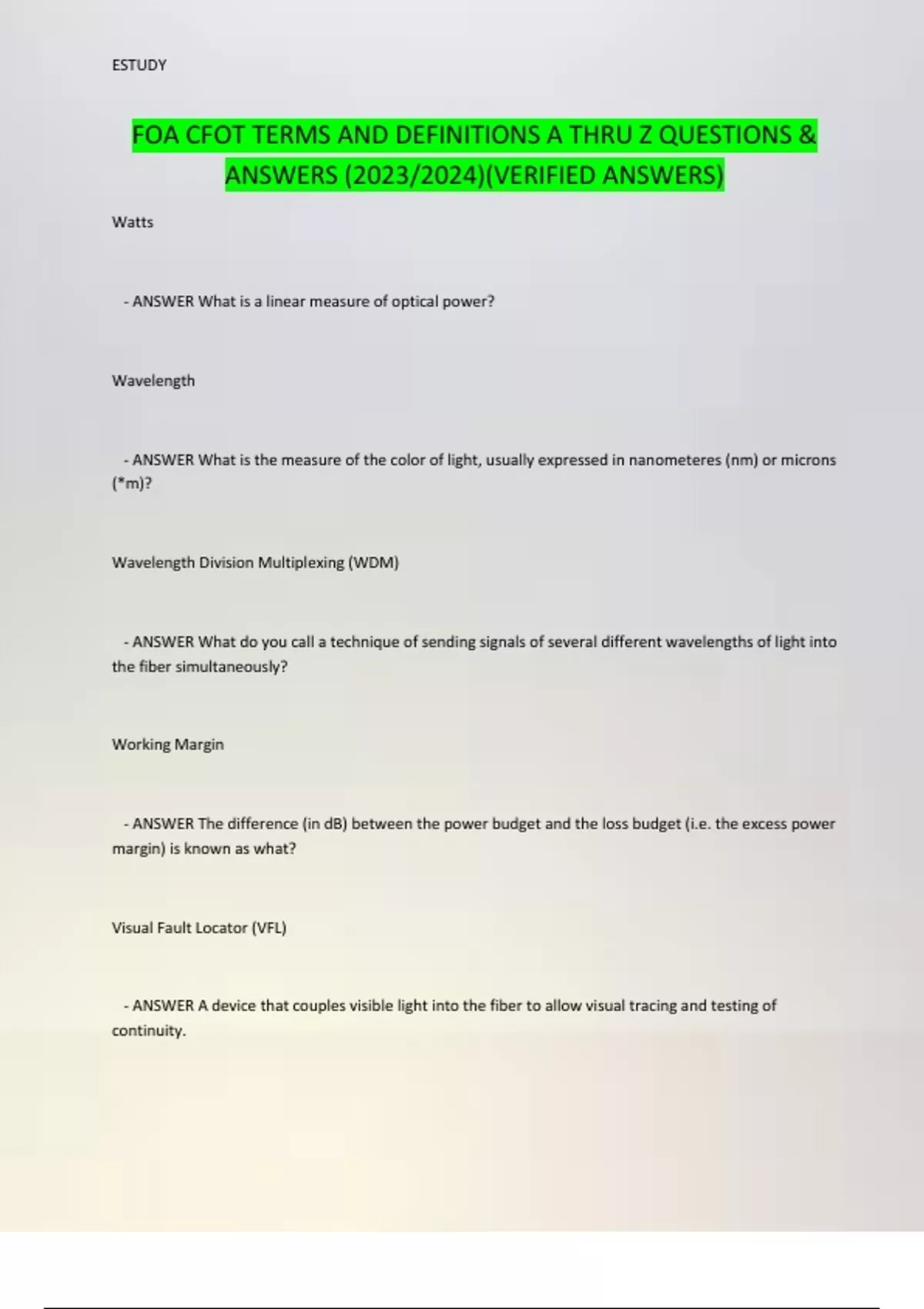 FOA CFOT TERMS AND DEFINITIONS A THRU Z QUESTIONS & ANSWERS (2023/2024 ...