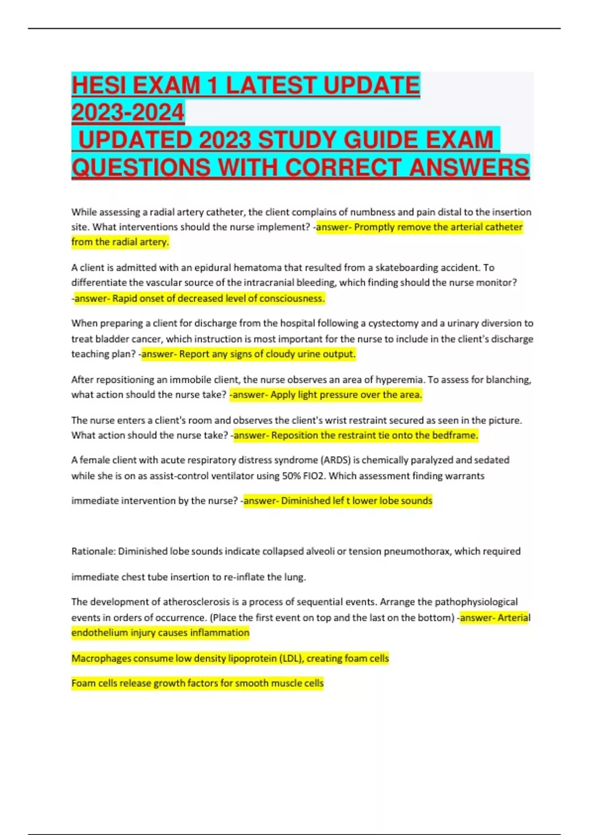 HESI EXAM 1 LATEST UPDATE UPDATED 2023 STUDY GUIDE EXAM QUESTIONS WITH ...
