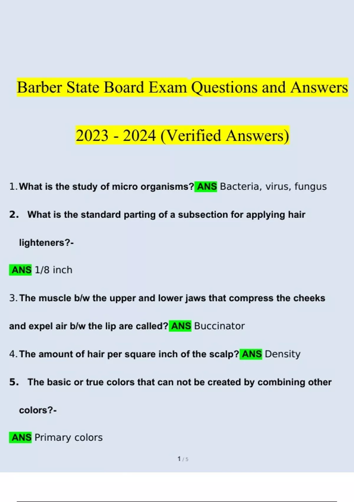 BARBER EXAM STUDY BUNDLE PACK SOLUTION (Verified) - Stuvia US