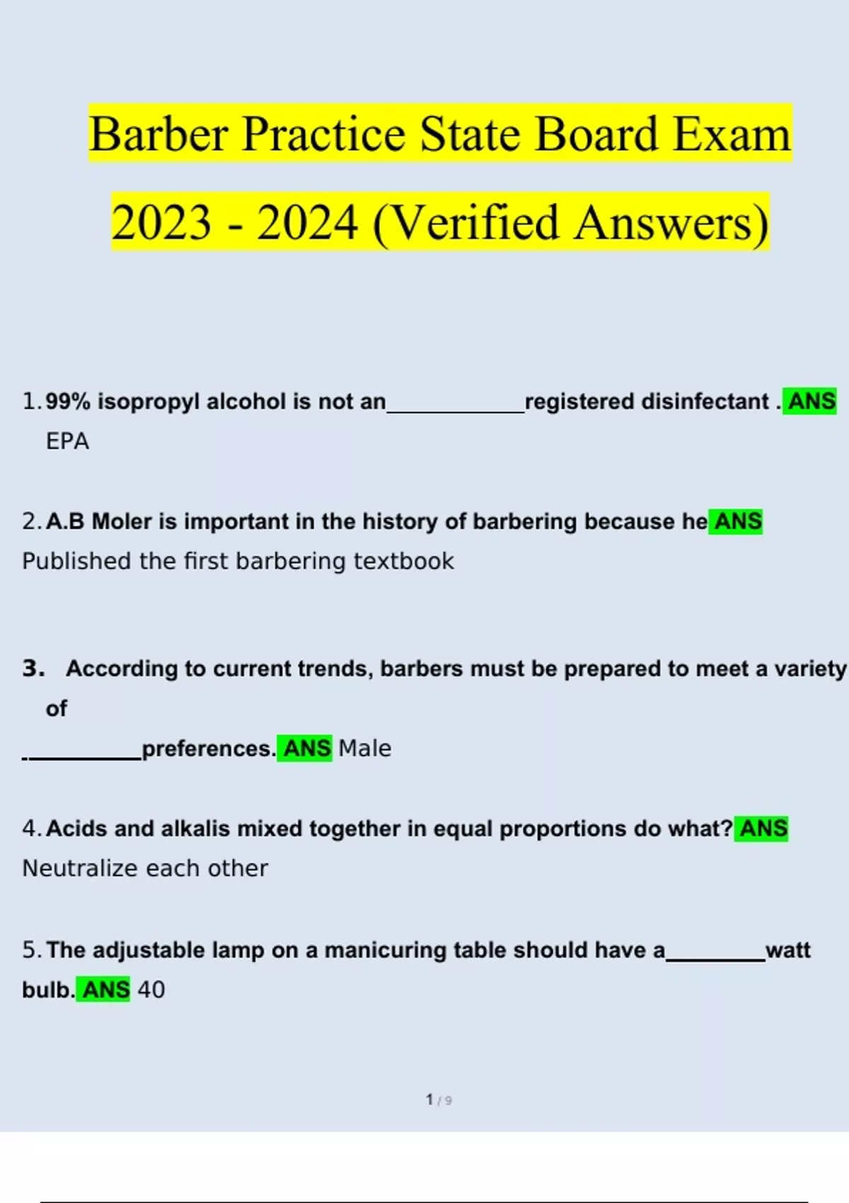 Barber Practice State Board Exam Questions and Answers (Verified ...