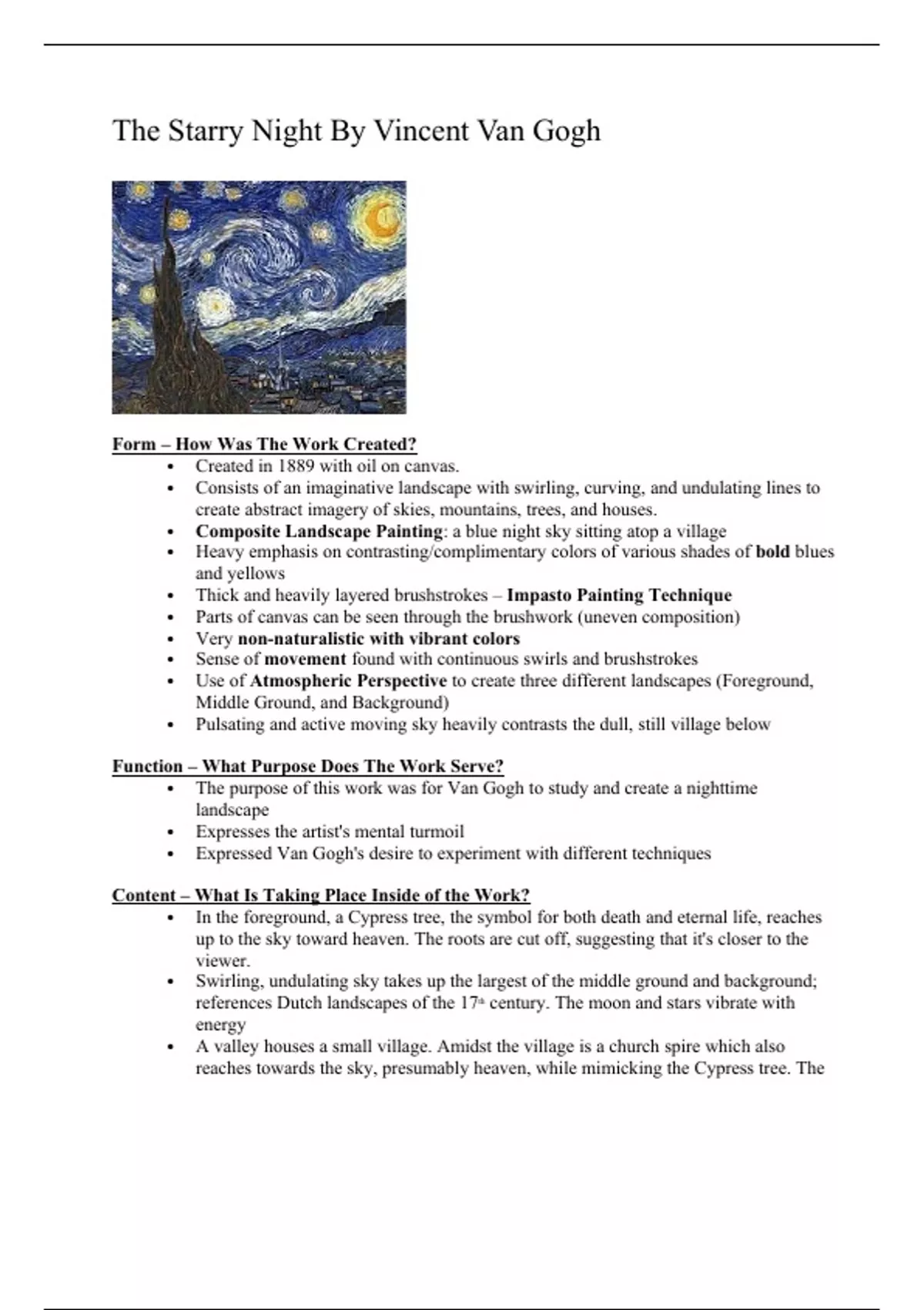 Notes on Vincent Van Gogh's "The Starry Night" - AP Art History - Stuvia US
