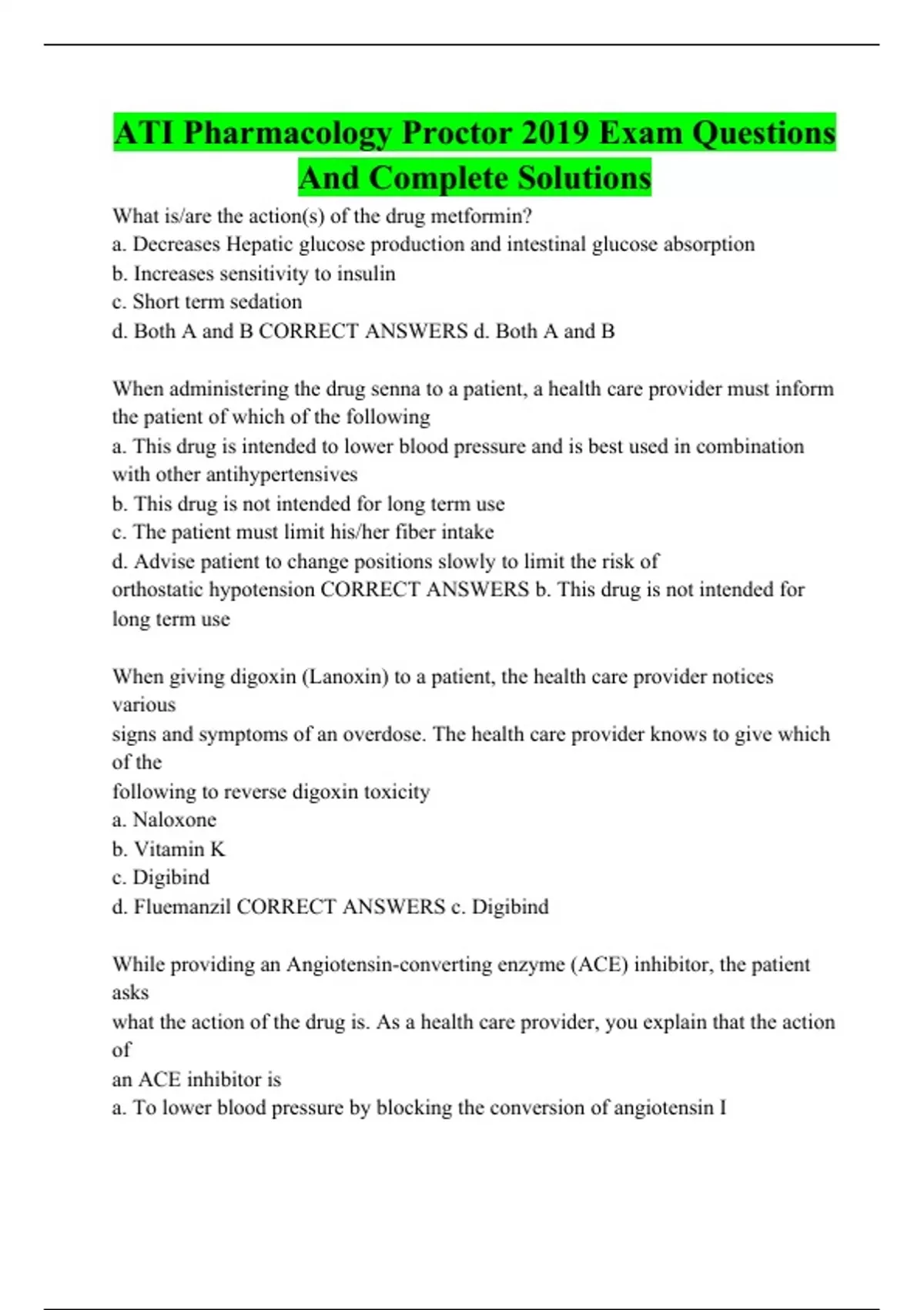 ATI Pharmacology Proctor 2019 Exam Questions And Complete Solutions ...