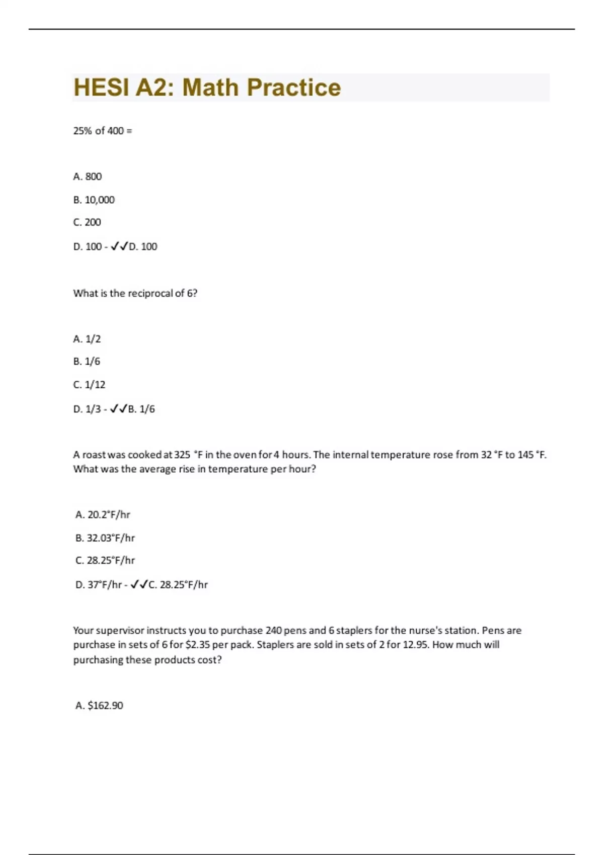 HESI A2 Math Practice 74 Questions And Answers 2023 Graded A HESI HESI A2 Math Practice 74 Questions And Answers 2023 Graded A HESI