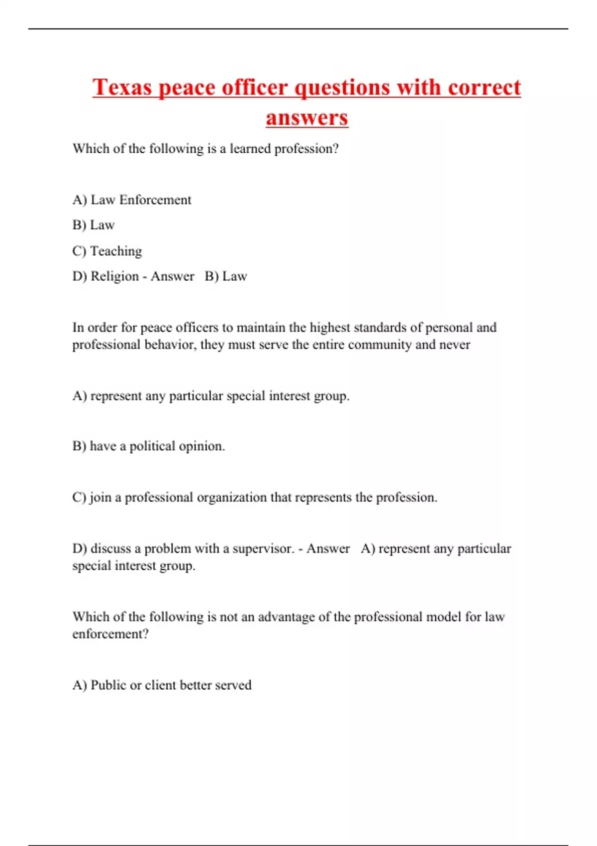 Texas peace officer questions with correct answers - Texas peace ...