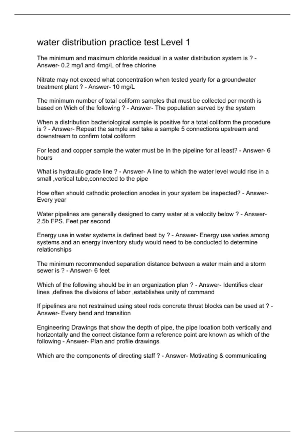 water distribution practice test Level 1 - Water distribution - Stuvia UK