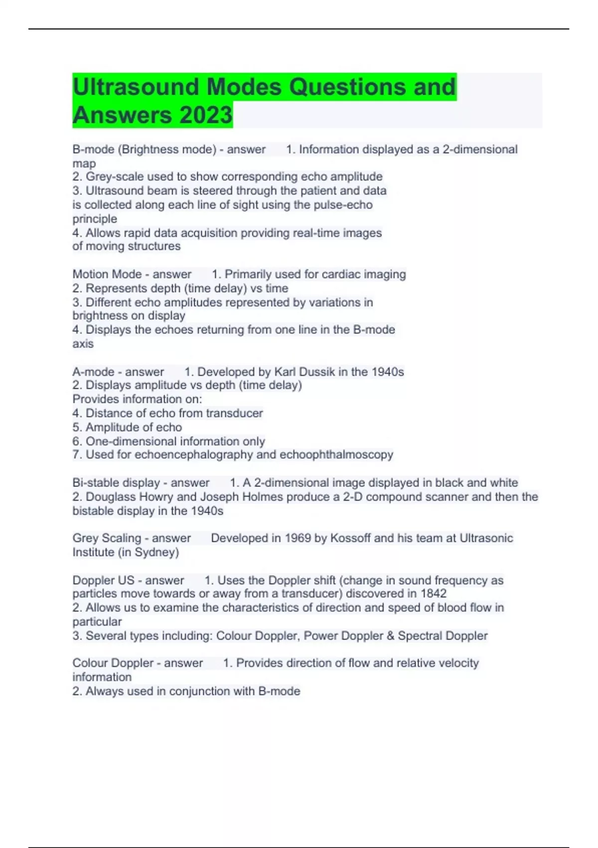 Ultrasound Modes Questions and Answers 2023 - ULTRASOUND - Stuvia US
