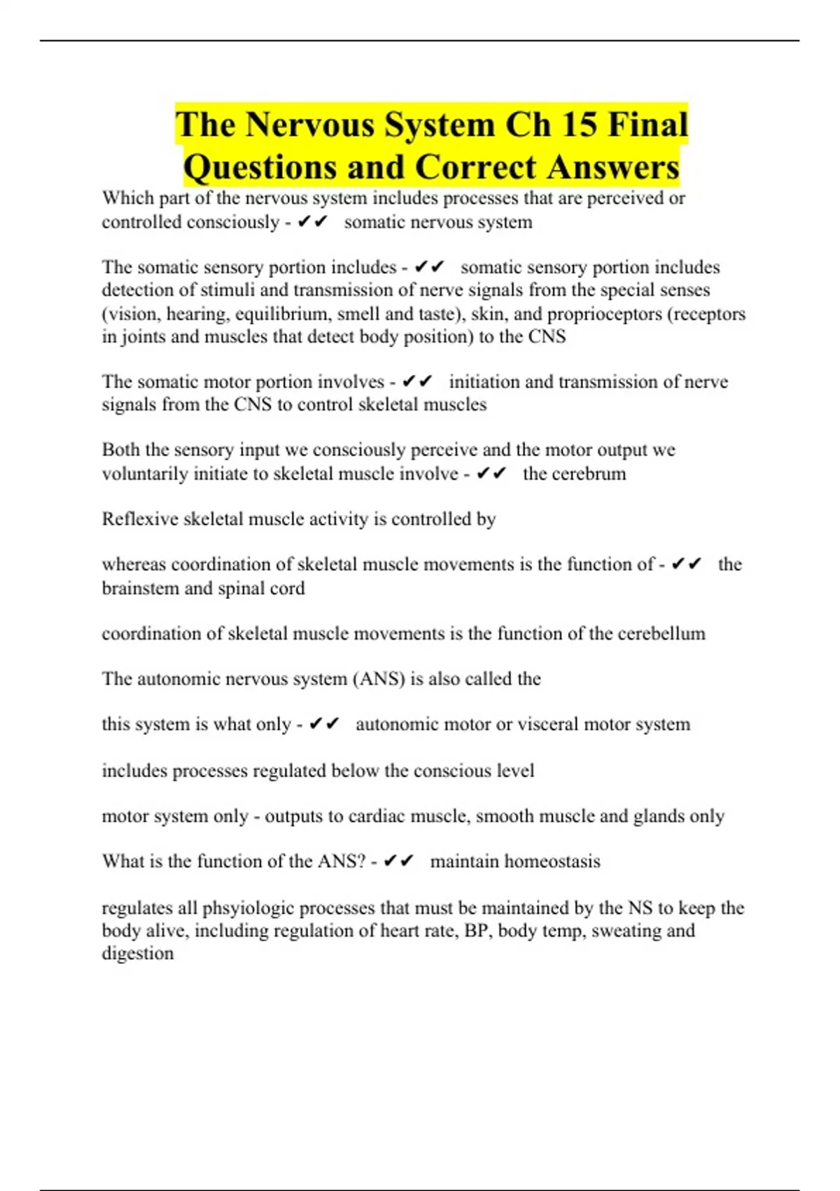 The Nervous System Ch 15 Final Questions and Correct Answers - The ...