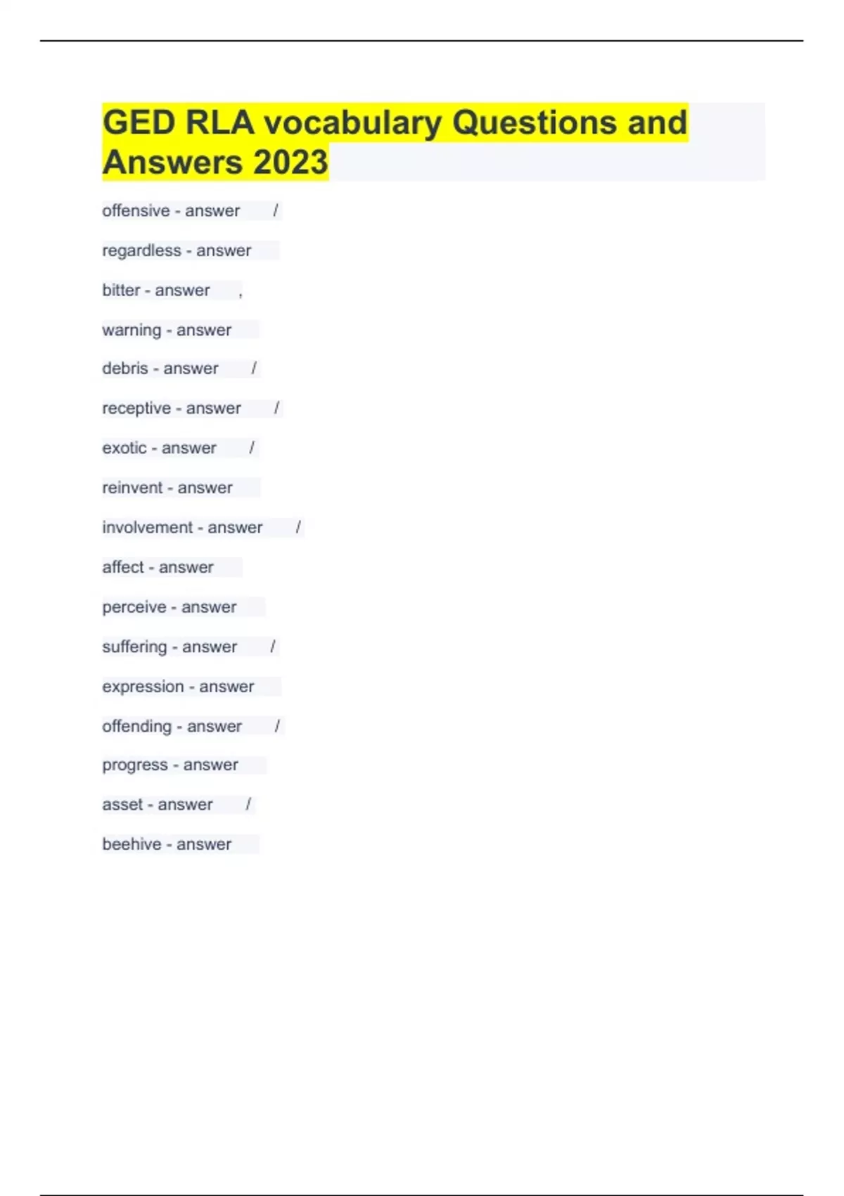 GED RLA vocabulary Questions and Answers 2023 - GED RLA - Stuvia US