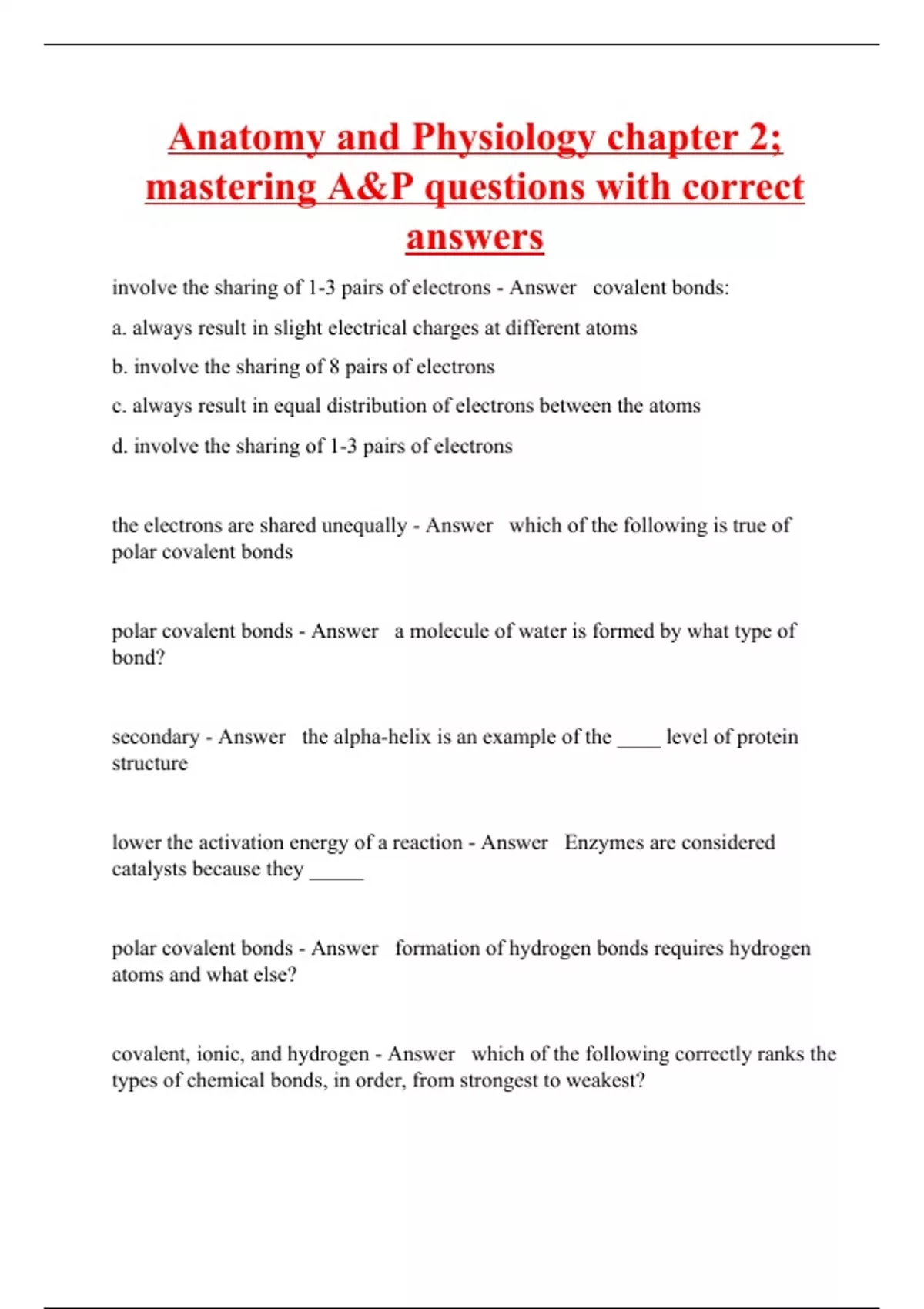 Anatomy and Physiology chapter 2; mastering A&P questions with correct answers - Anatomy and ...