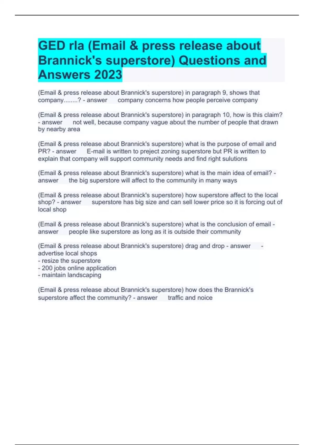 GED rla (Email & press release about Brannick's superstore) Questions and Answers 2023 - GED RLA ...
