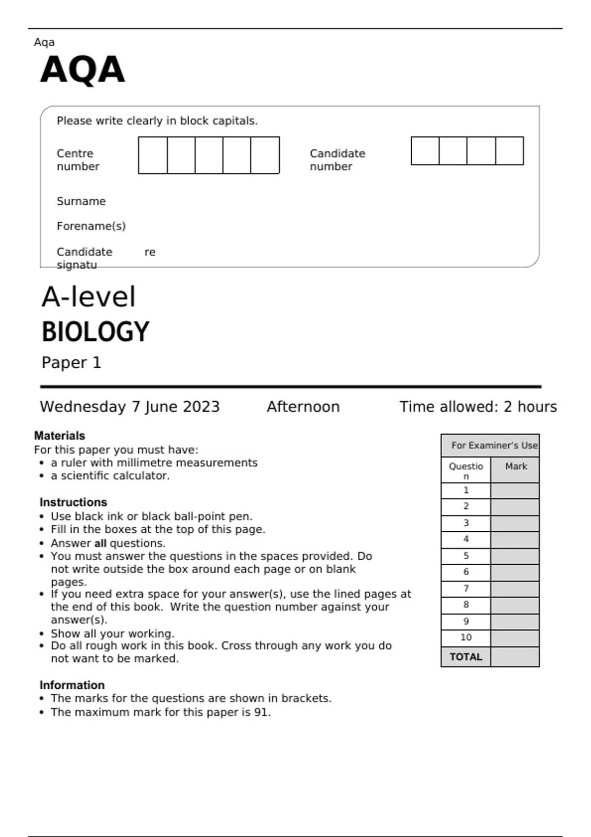 AQA A-level BIOLOGY Paper 1, 2 and 3 JUNE 2023 QUESTION PAPERS AND MARK ...