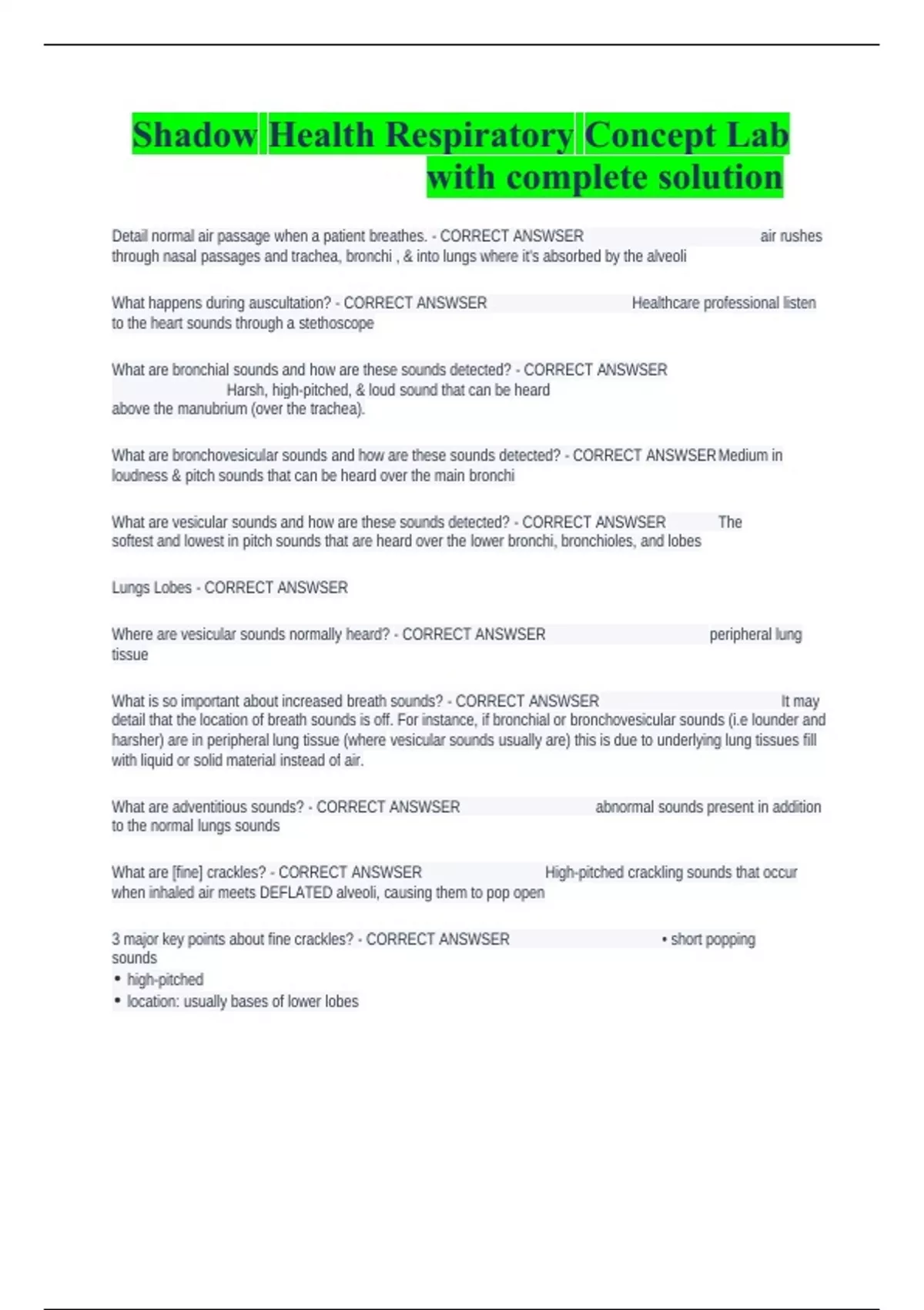 Shadow Health Respiratory Concept Lab with complete solution - Shadow ...