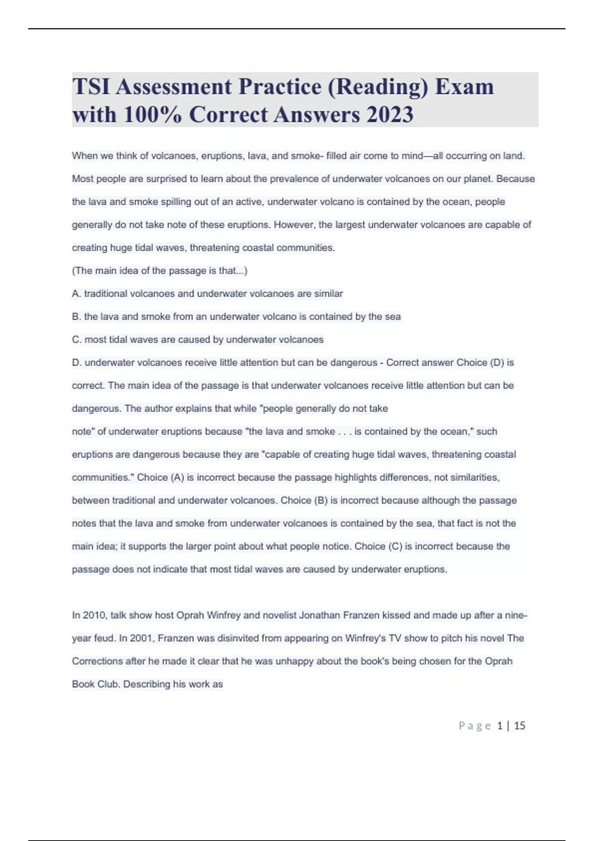 TSI Assessment Practice (Reading) Exam with 100% Correct Answers 2023 ...