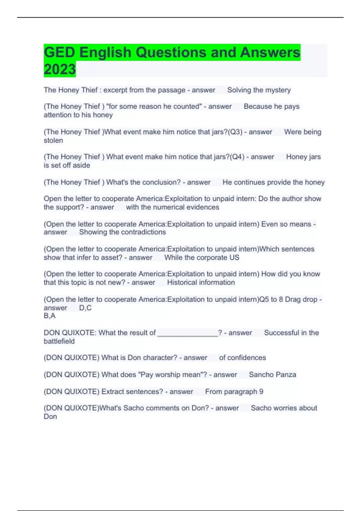 GED English Questions and Answers 2023 - GED RLA - Stuvia US