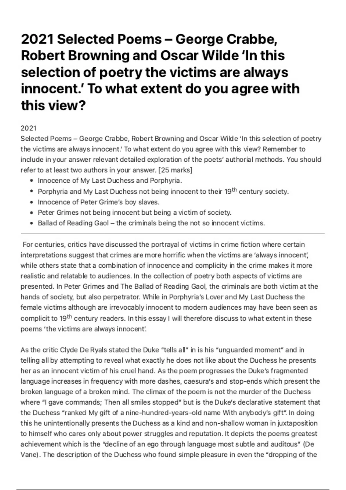 Summary A* AQA ENGLISH LITERATURE B CRIME WRITING POETRY ESSAY - 2021 ...