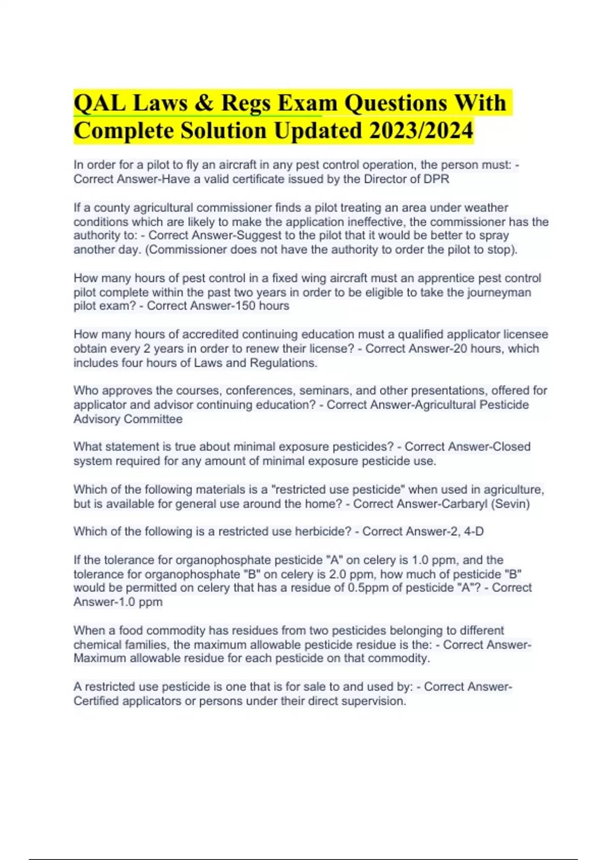QAL Laws & Regs Exam Questions With Complete Solution Updated 2023/2024 ...