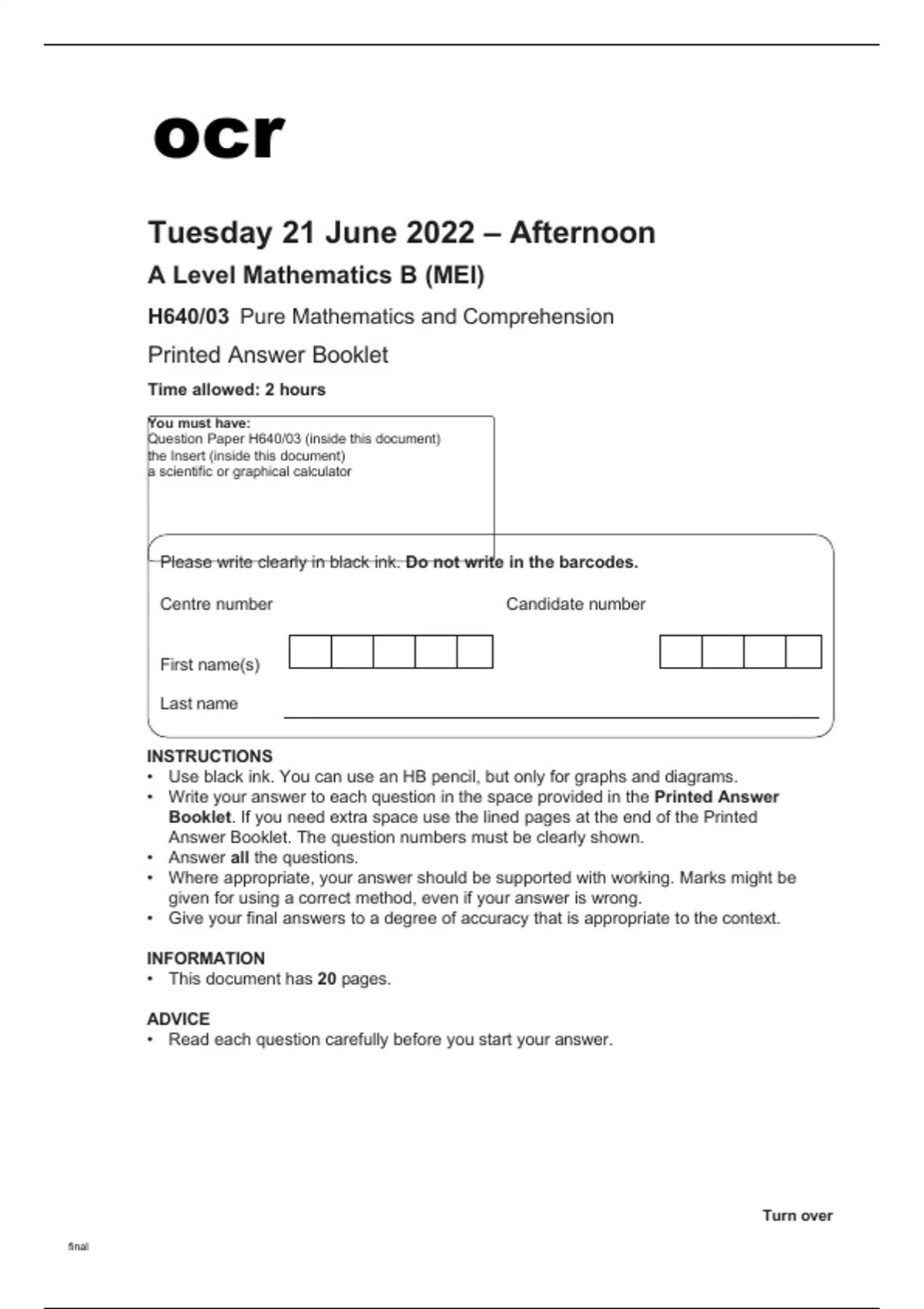 ocr A Level Mathematics B (MEI) (H640-03) Question Paper June2022 - A ...