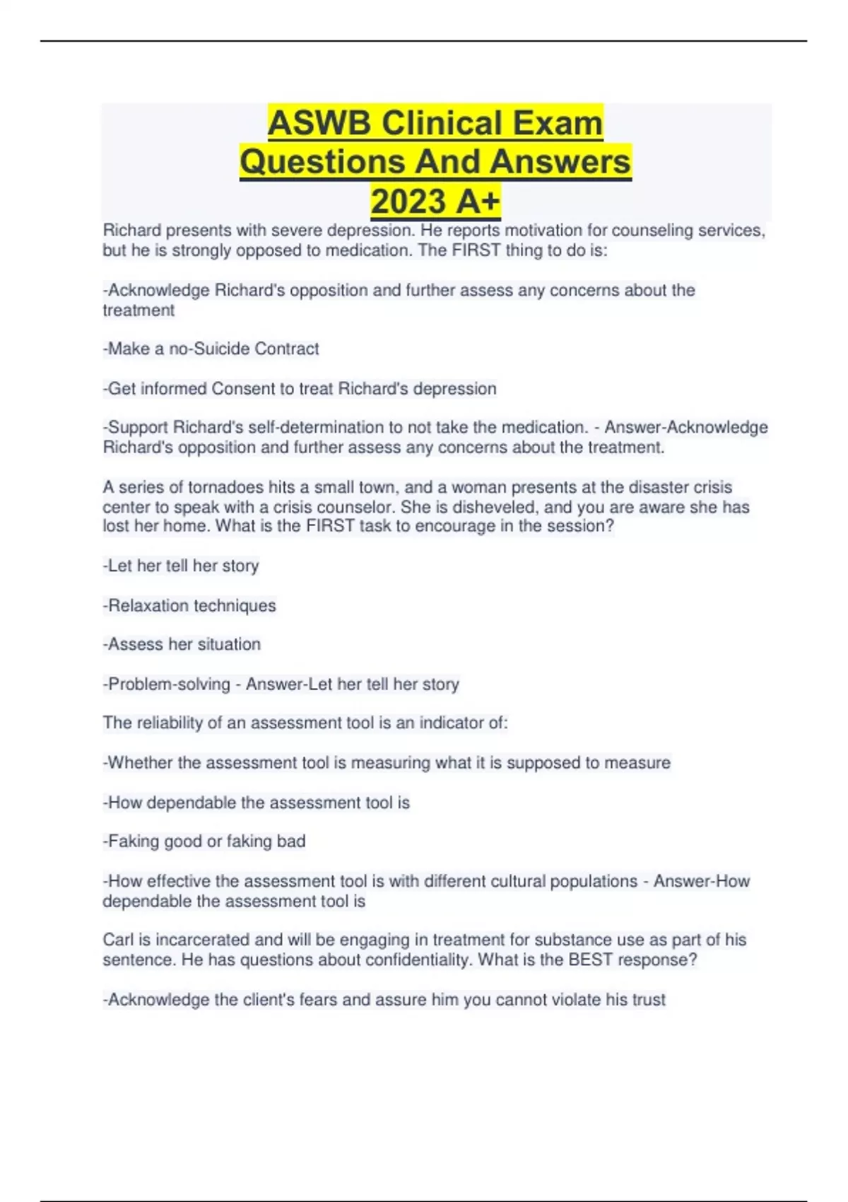 ASWB LCSW CLINICAL EXAM MATERIAL 2023 & ASWB Clinical Exam Questions ...
