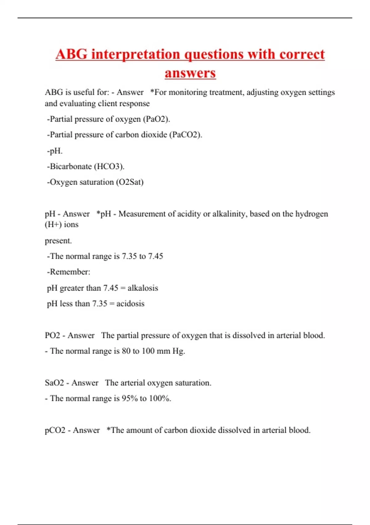ABG Interpretation Questions With Correct Answers ABG Stuvia UK