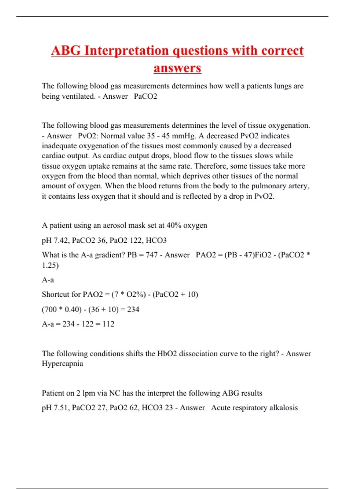 ABG Interpretation questions with correct answers - ABG - Stuvia UK