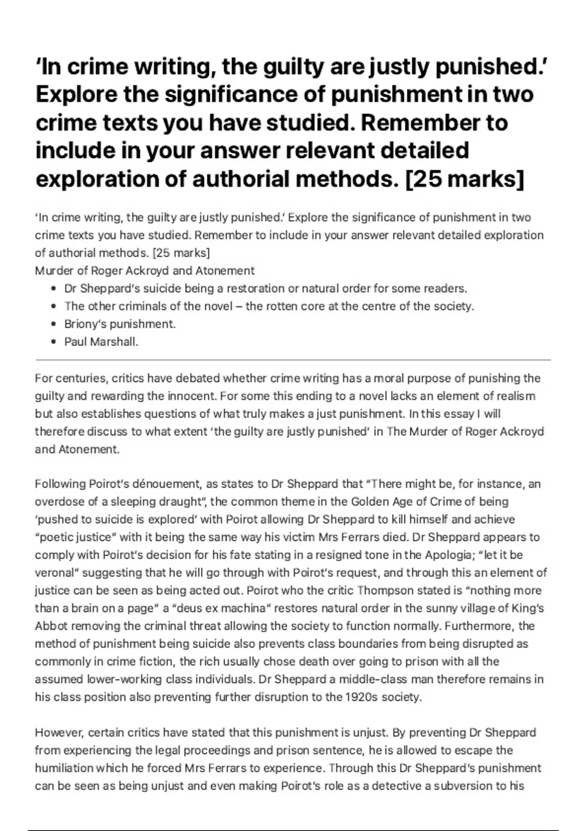 Summary A* ENGLISH LITERATURE CRIME WRITING PART B COMPARISON ESSAY ...