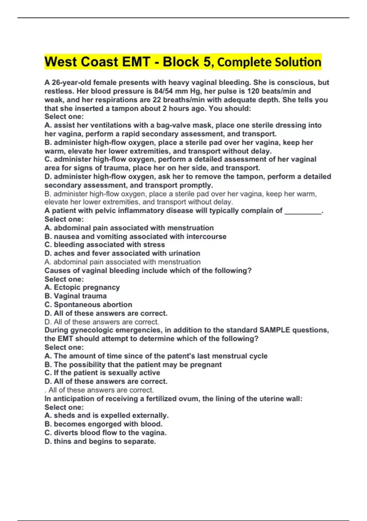 West Coast EMT - Block 5, Complete Solution - West coast Emt - Stuvia US