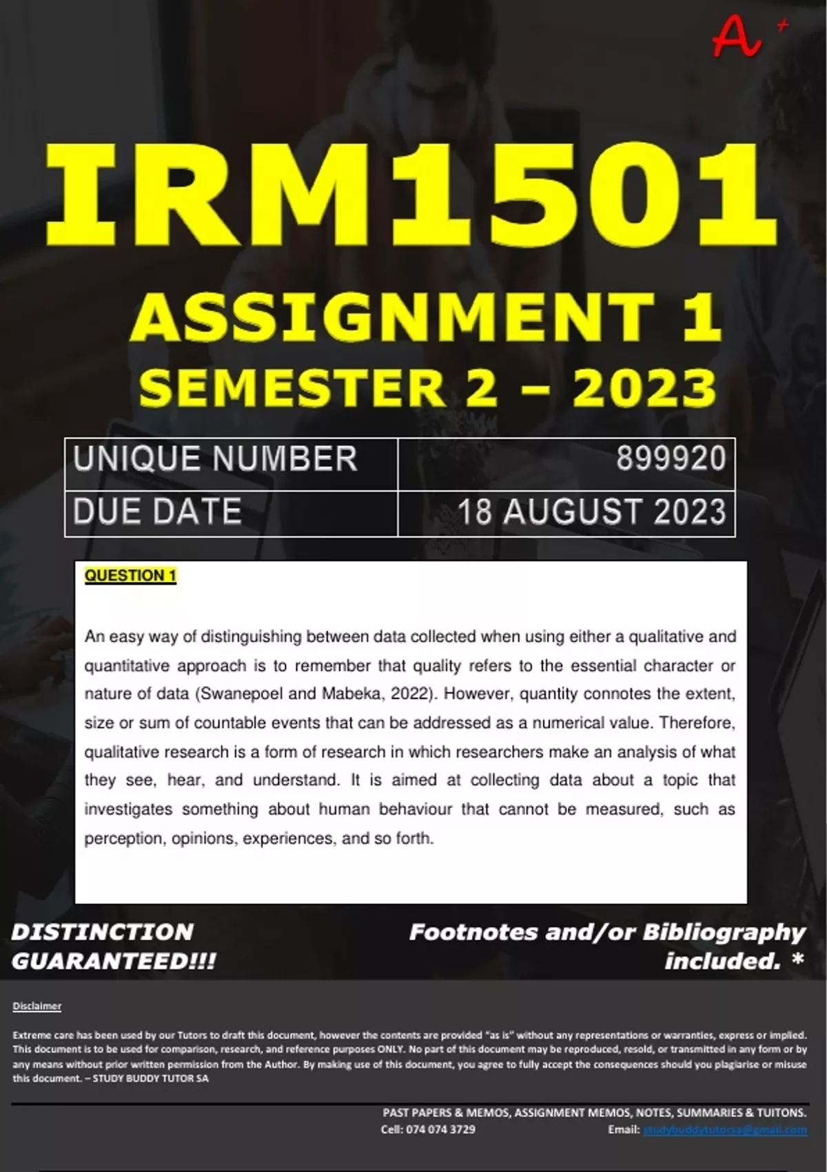 IRM1501 ASSIGNMENT 1 MEMO - SEMESTER 2 - 2023 - UNISA - DUE DATE: - 18 ...