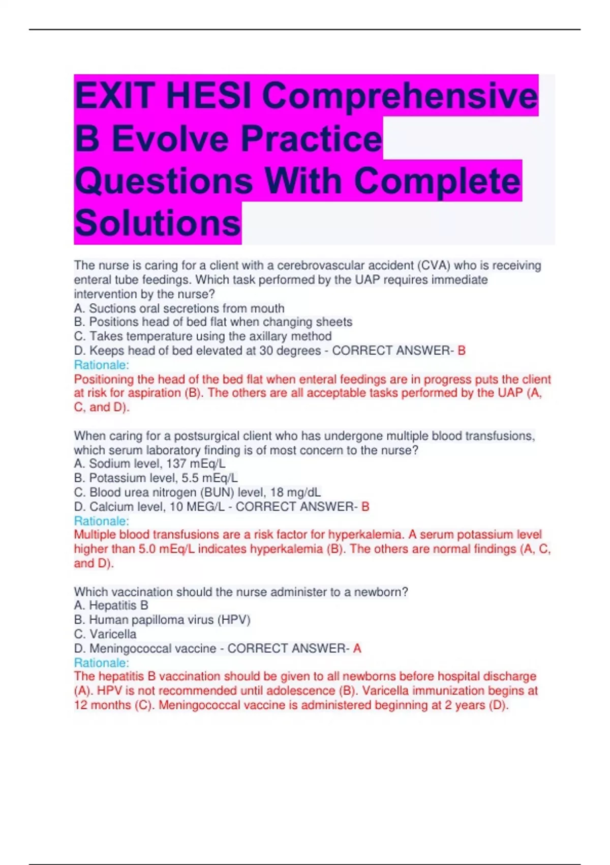 Practice Questions With Complete Solutions - HESI Comprehensive B ...