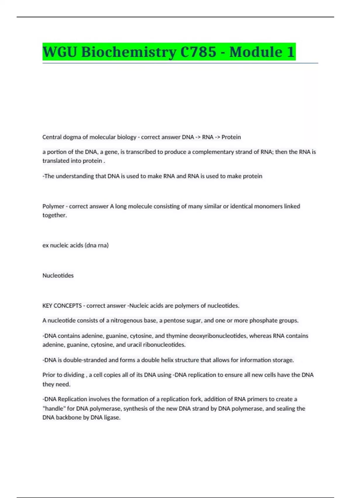 WGU BioChemistry C785 - Module 1 with correct answers - WGU - Stuvia US