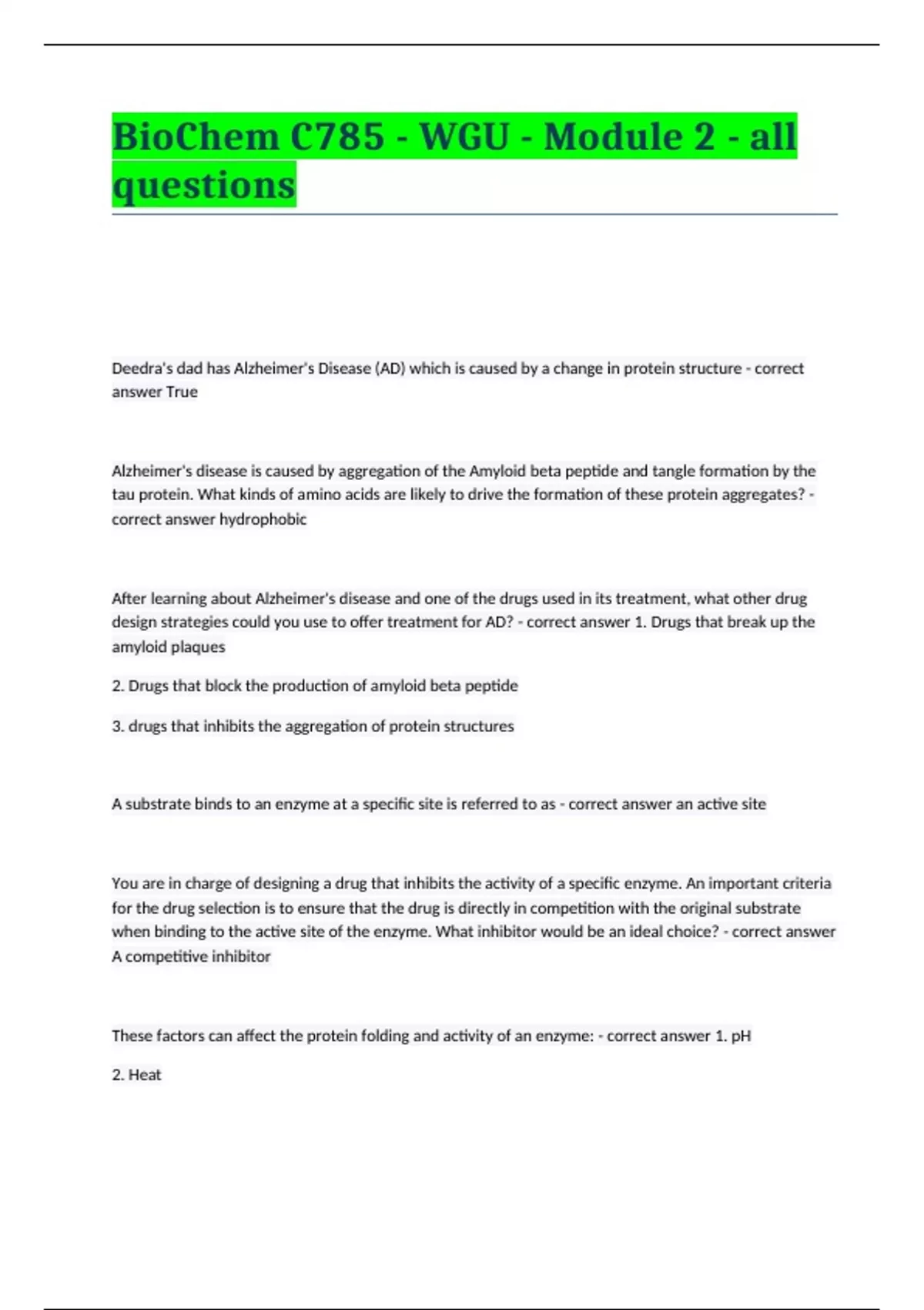 BioChem C785 - WGU - Module 2 - all questions with correct answers ...