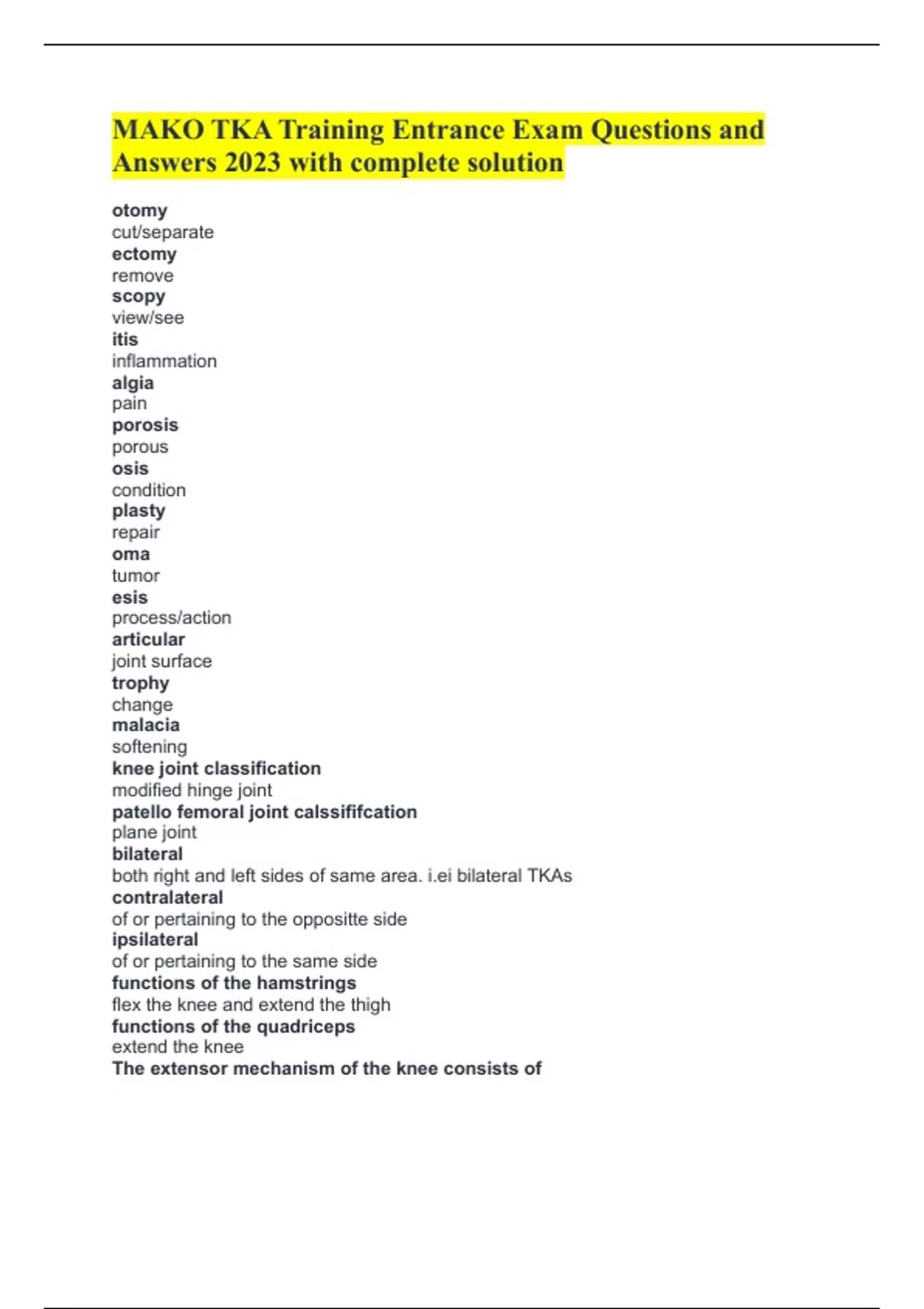 MAKO TKA Training Entrance Exam Questions and Answers 2023 with ...