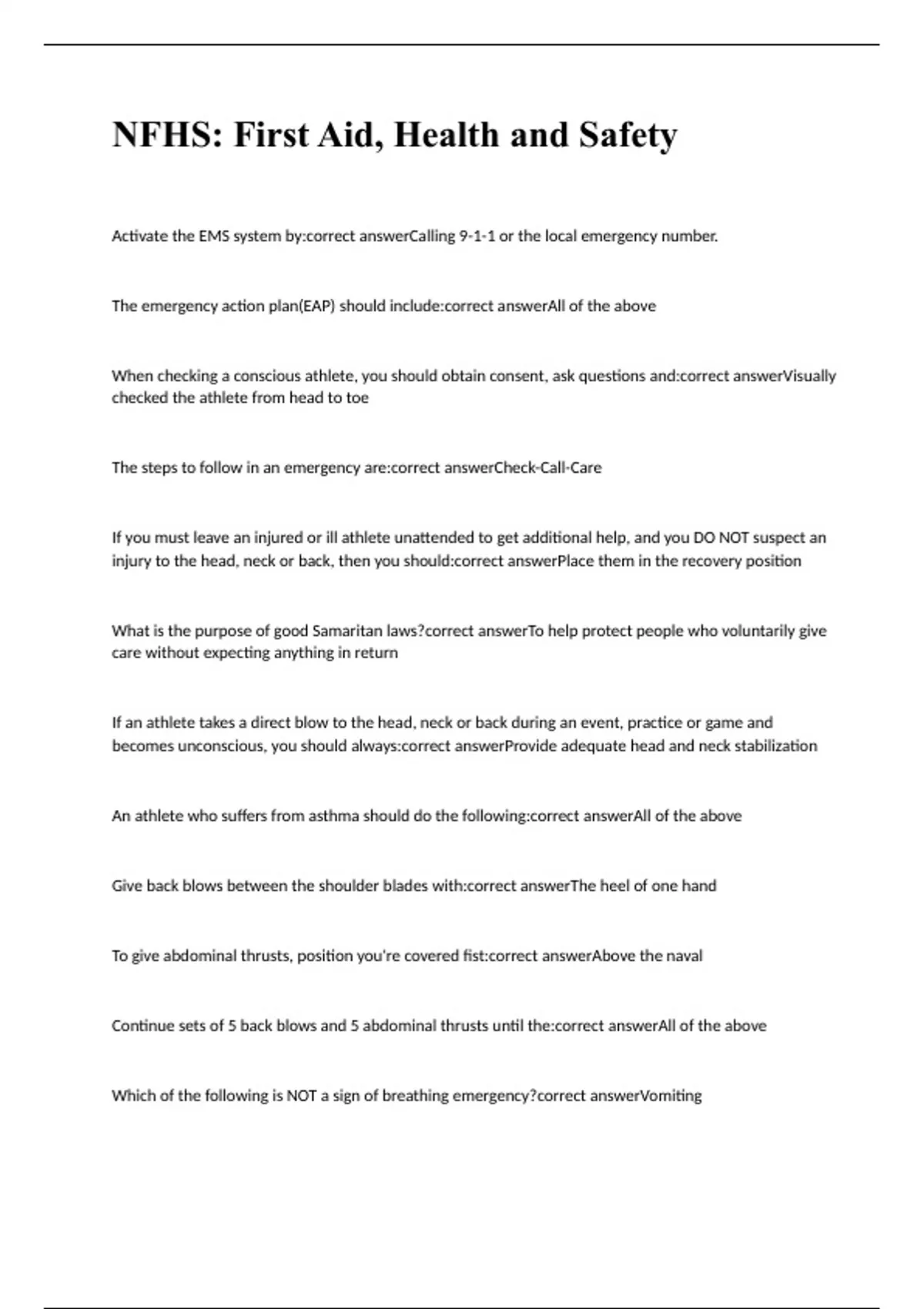 NFHS: First Aid, Health and Safety exam 2023 with correct answers ...