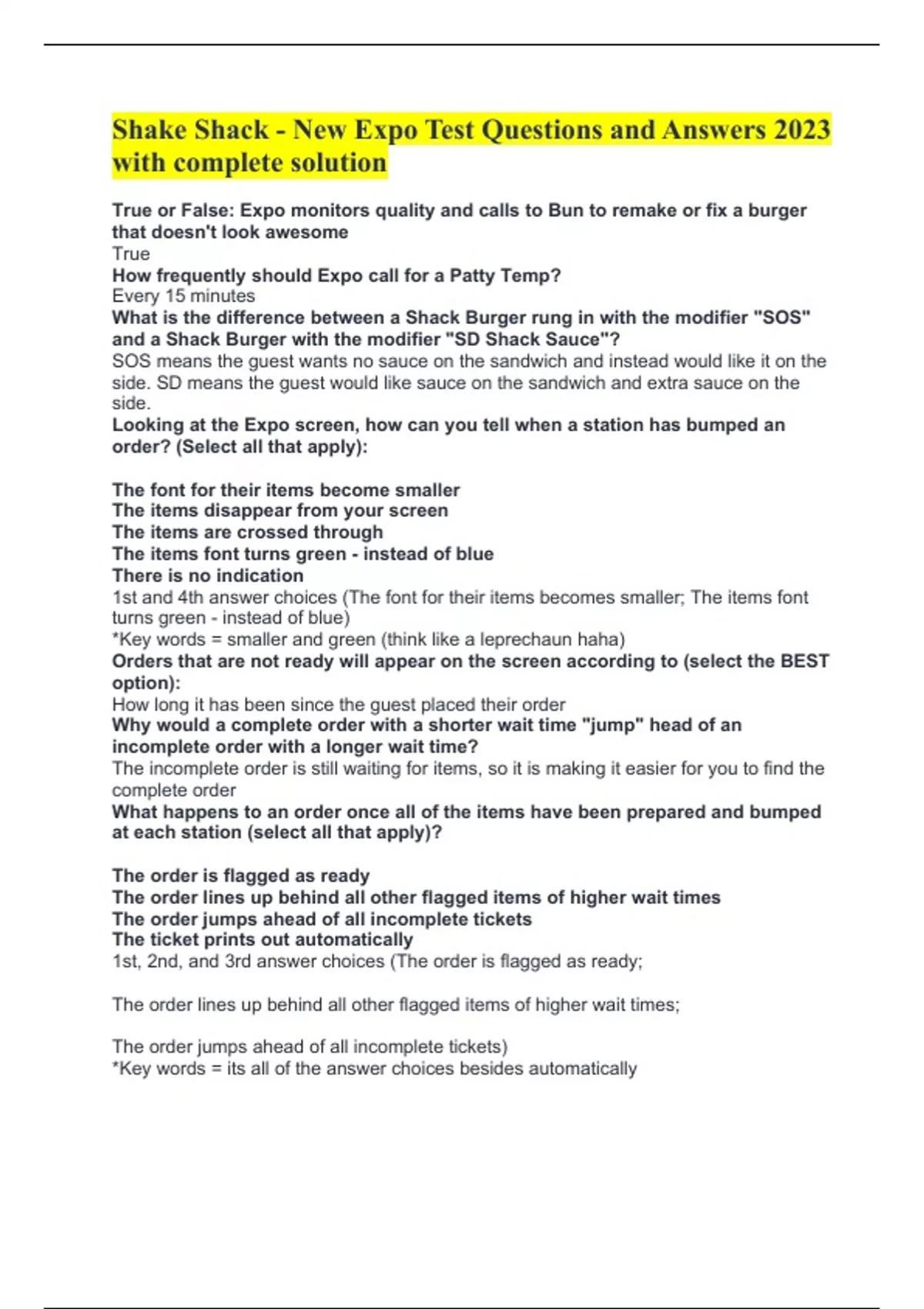 Shake Shack - New Expo Test Questions and Answers 2023 with complete ...