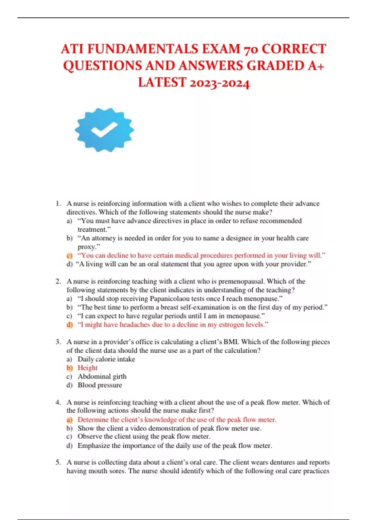 ATI FUNDAMENTALS EXAM 70 CORRECT QUESTIONS AND ANSWERS GRADED A+ LATEST ...