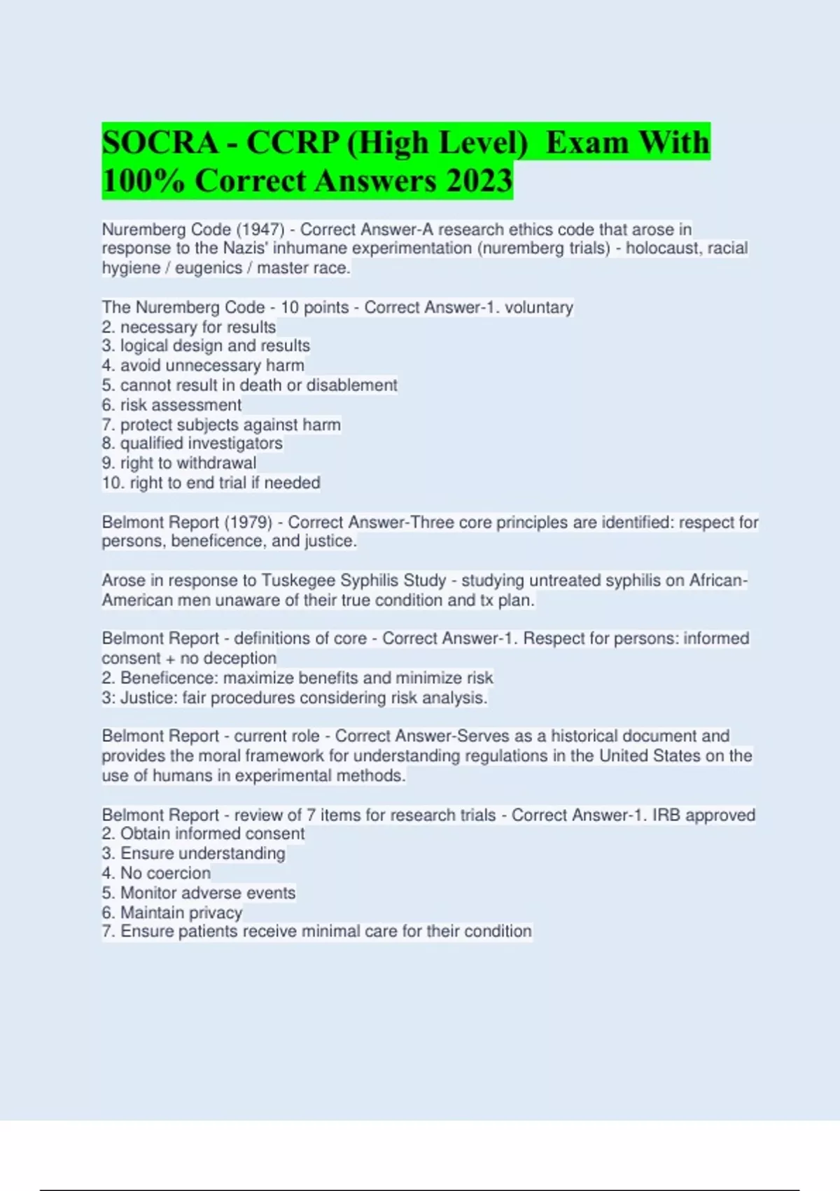 SOCRA - CCRP (High Level) Exam With 100% Correct Answers 2023 - SOCRA ...
