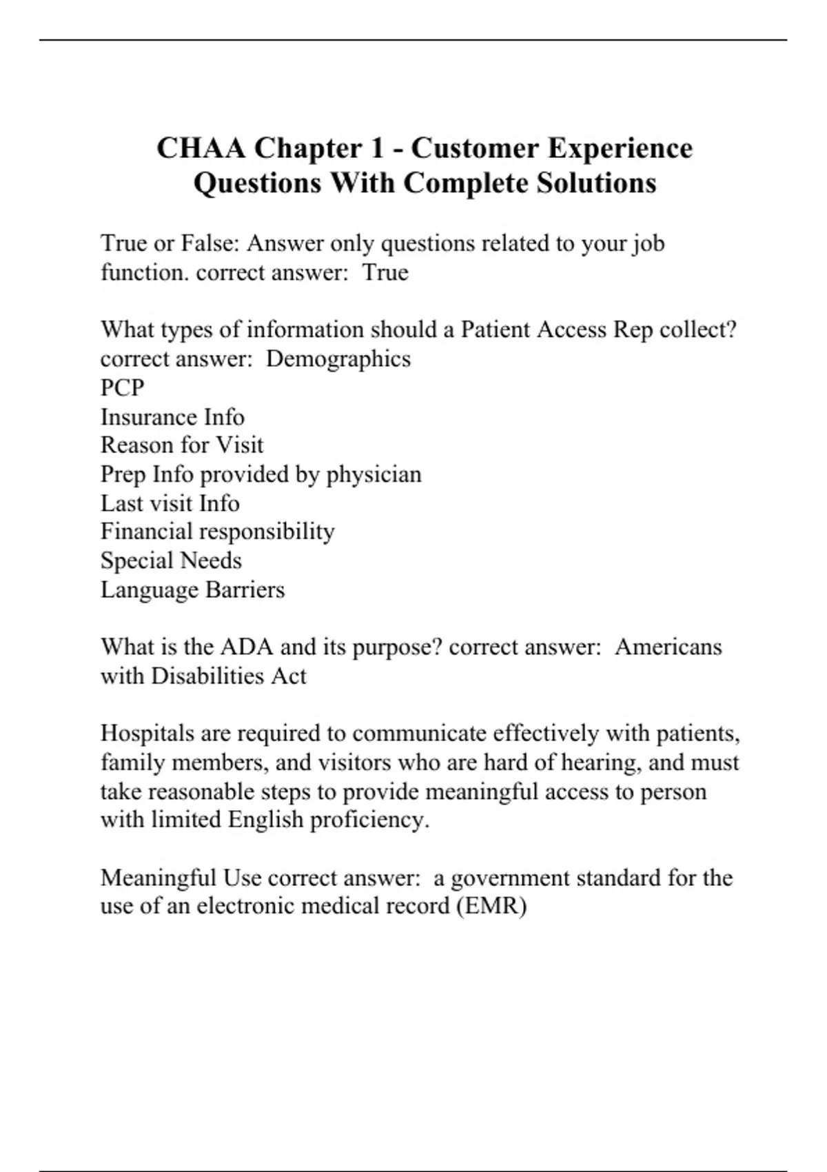 CHAA Chapter 1 - Customer Experience Questions With Complete Solutions - CHAA - Stuvia US