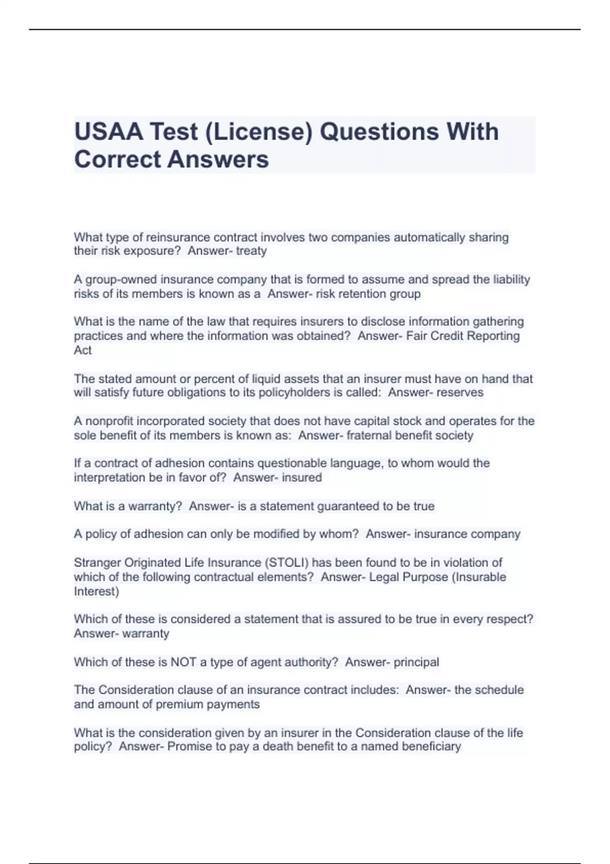USAA Test (License) Questions With Correct Answers - USAA - Stuvia US