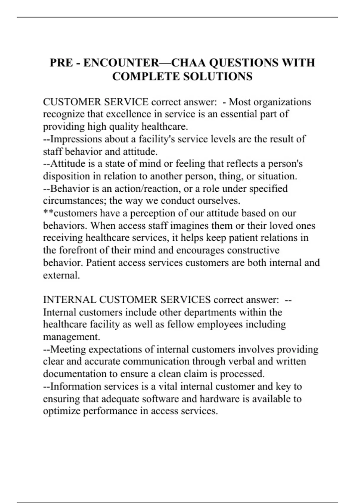 PRE - ENCOUNTER—CHAA QUESTIONS WITH COMPLETE SOLUTIONS - CHAA - Stuvia US