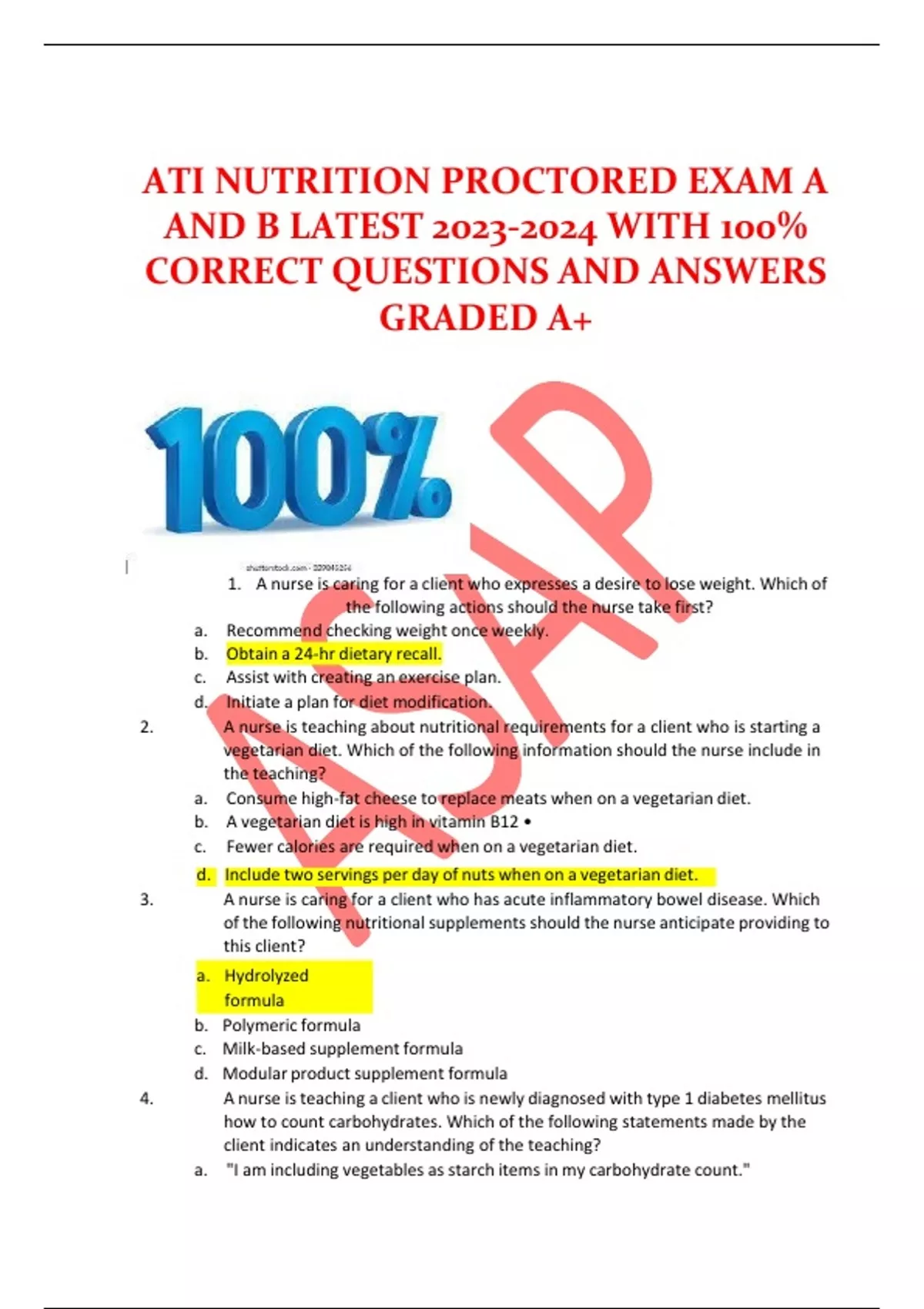 ATI NUTRITION PROCTORED EXAM A AND B LATEST WITH 100% CORRECT QUESTIONS ...