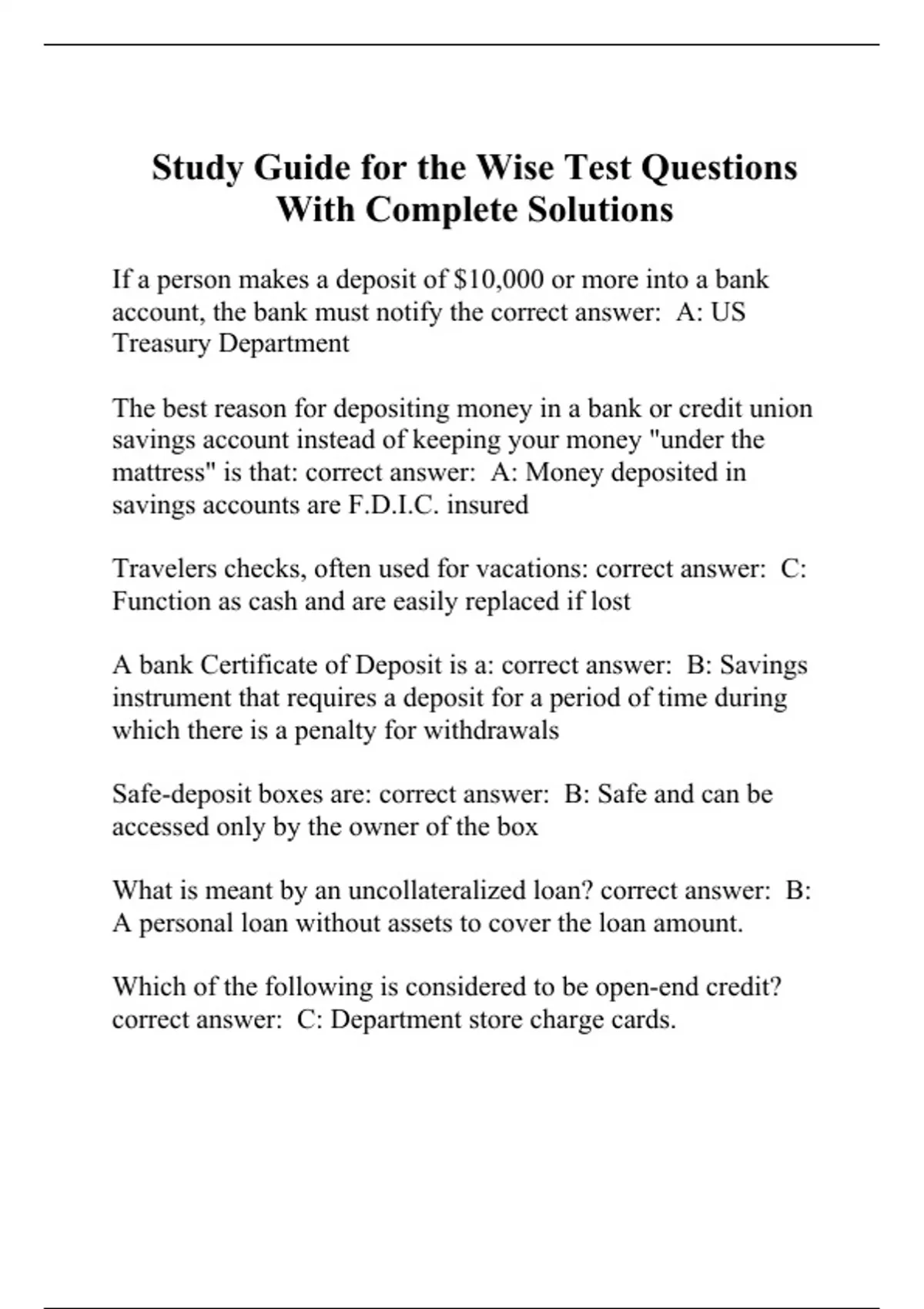 Study Guide for the Wise Test Questions With Complete Solutions - WISE ...