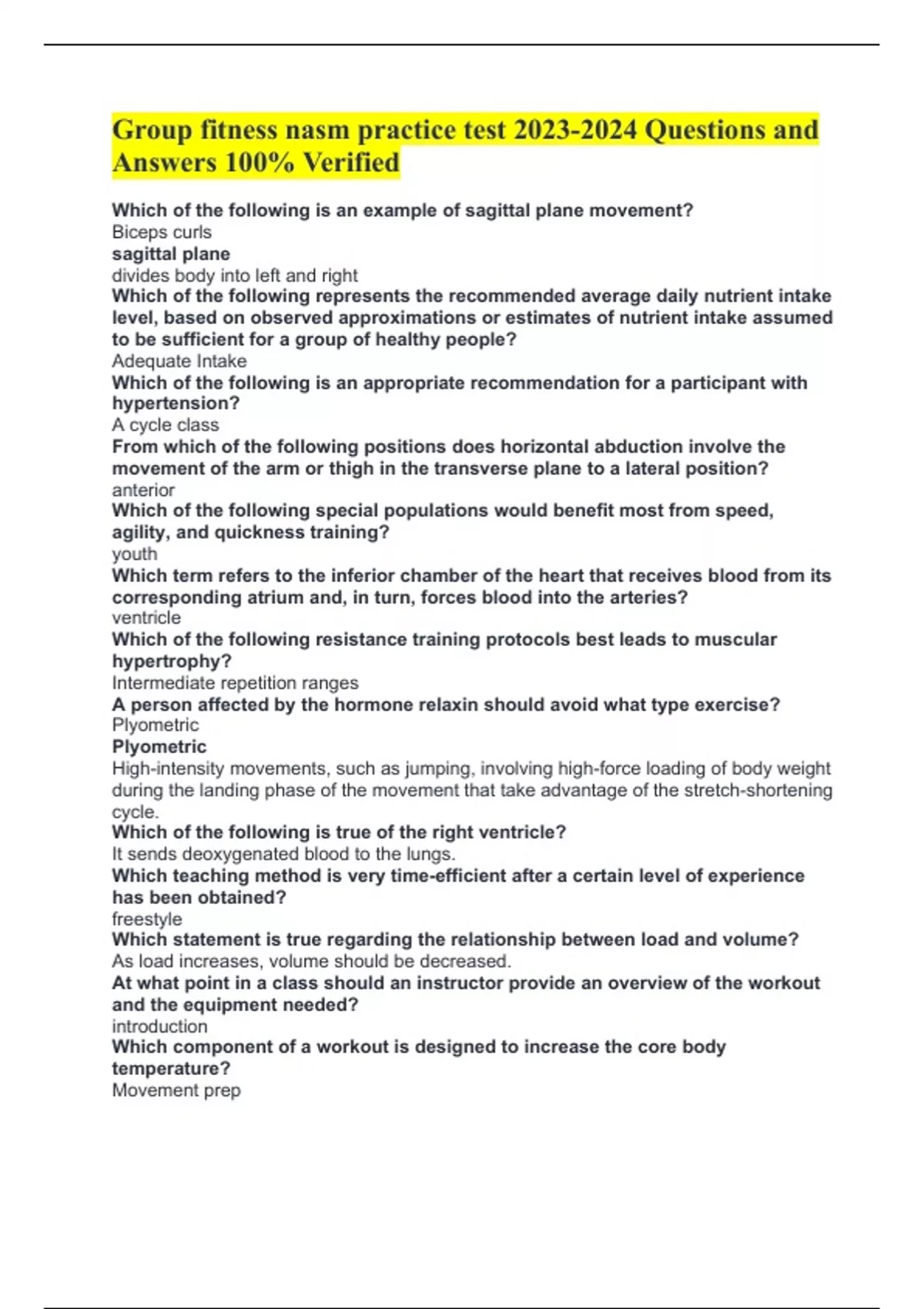 Group fitness nasm practice test Questions and Answers 100% Verified ...