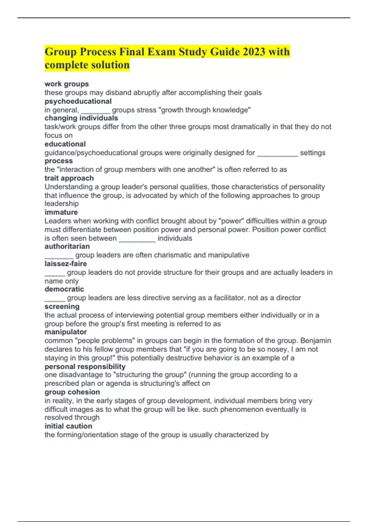Group Process Final Exam Study Guide 2023 with complete solution ...