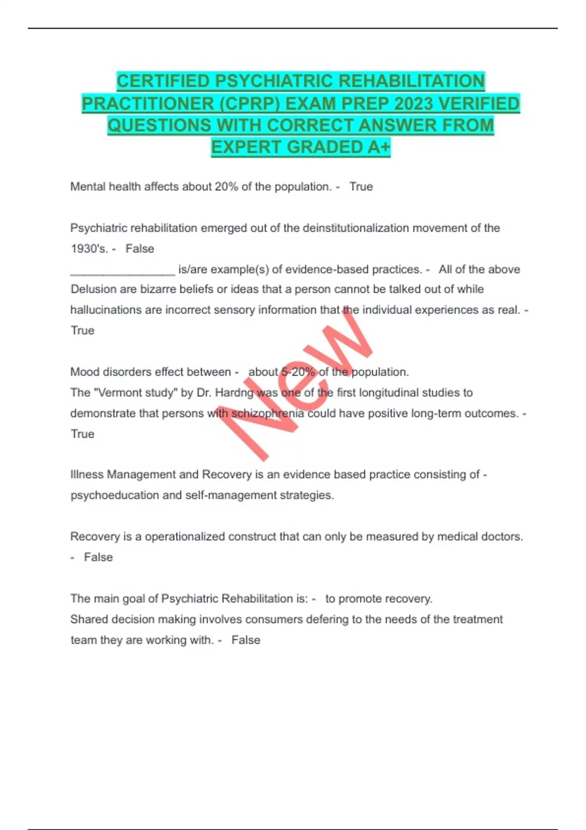 CERTIFIED PSYCHIATRIC REHABILITATION PRACTITIONER (CPRP) EXAM PREP 2023 ...