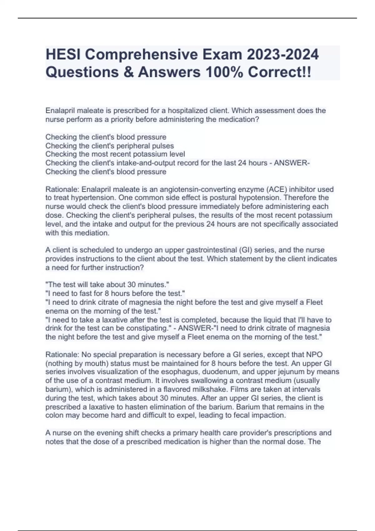 HESI Comprehensive Exam Questions & Answers 100% Correct!! - HESI ...