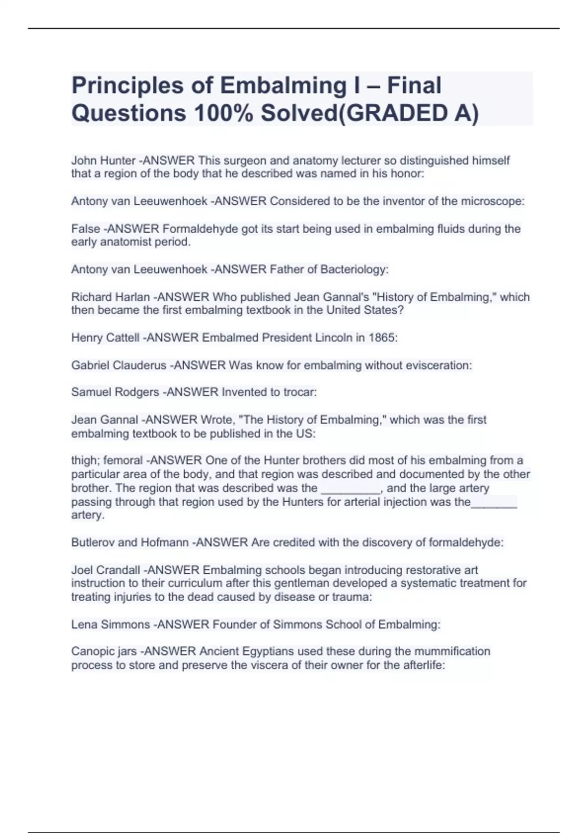 Principles of Embalming I – Final Questions 100% Solved(GRADED A ...